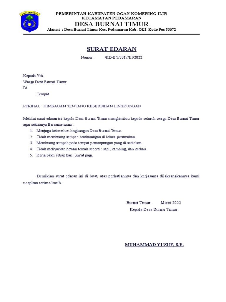 Surat Himbauan Menjaga Kebersihan Lingkungan | PDF