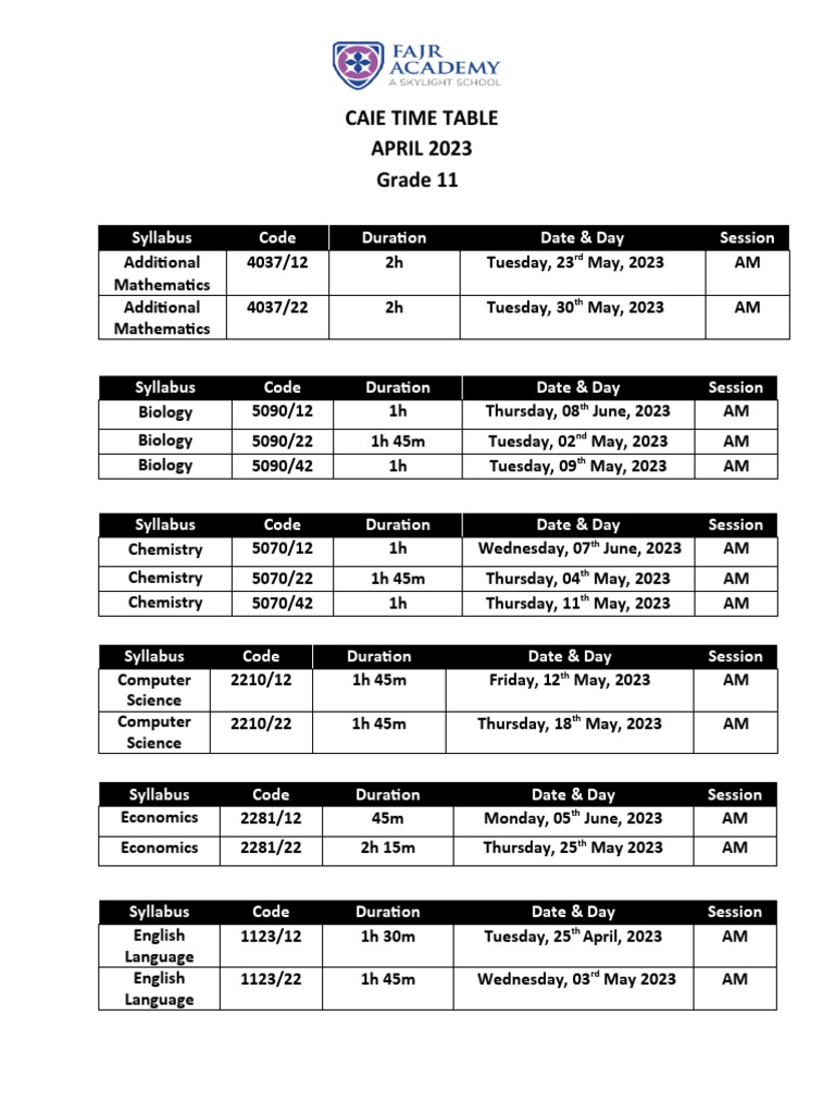 CAIE TIME TABLE 2023 Grade 11 | PDF