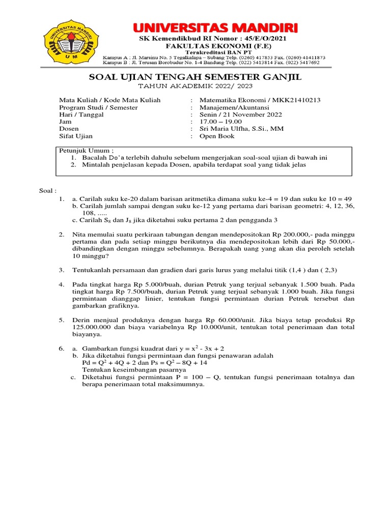 Uts - Uts Ganjil 22-23 Matek Senin | PDF