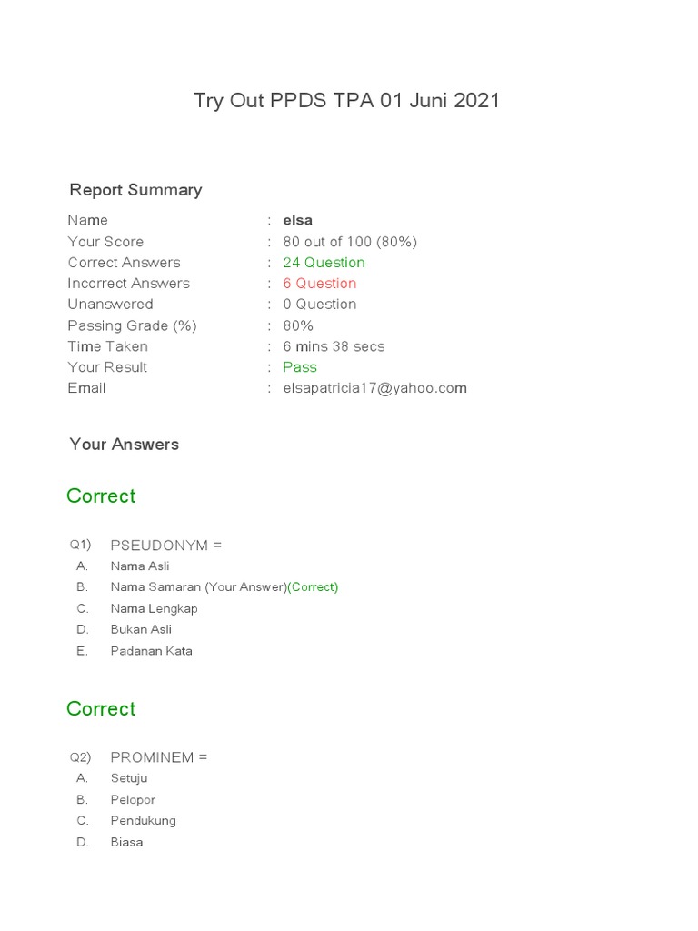Hasil Try Out PPDS TPA 1 Juni 2021 | PDF