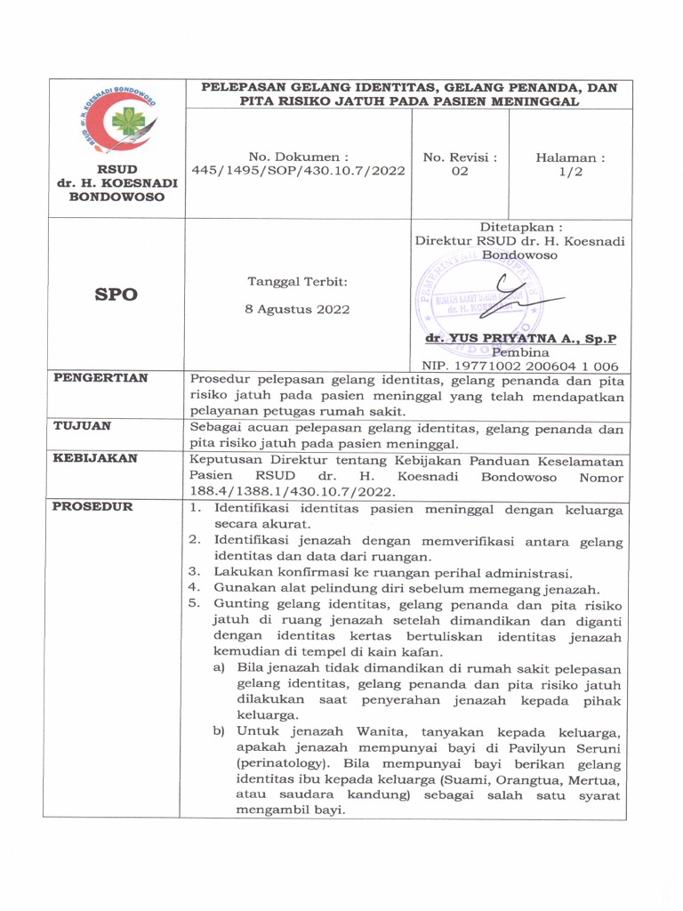 SPO Pelepasan Gelang Identitas, Gelang Penanda, Pita Resiko Jatuh Pada Pasien Meninggal 2022 | PDF