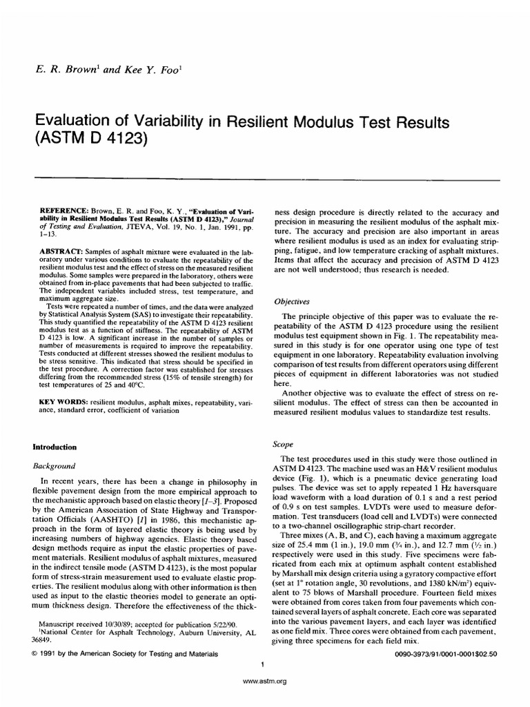 ASTM D 4123 Evaluation of Variability in Resilient Modulus Test Results ...