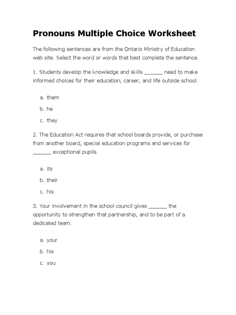 Pronouns Multiple Choice Worksheet | PDF