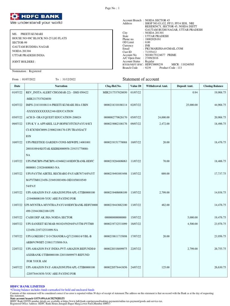 Statement of Account: Date Narration Chq./Ref - No. Value DT Withdrawal Amt. Deposit Amt ...