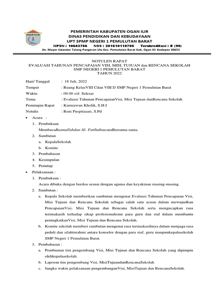Notulen Rapat Evaluasi Visi Misi | PDF