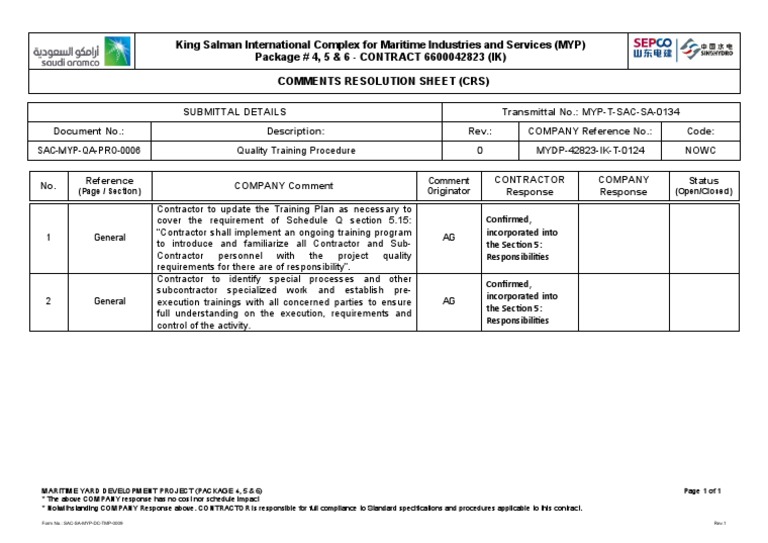 Quality Training Procedure CRS | PDF | Specification (Technical ...