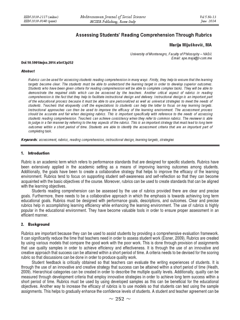 Rubrics for Student Assessment | PDF | Rubric (Academic) | Reading ...