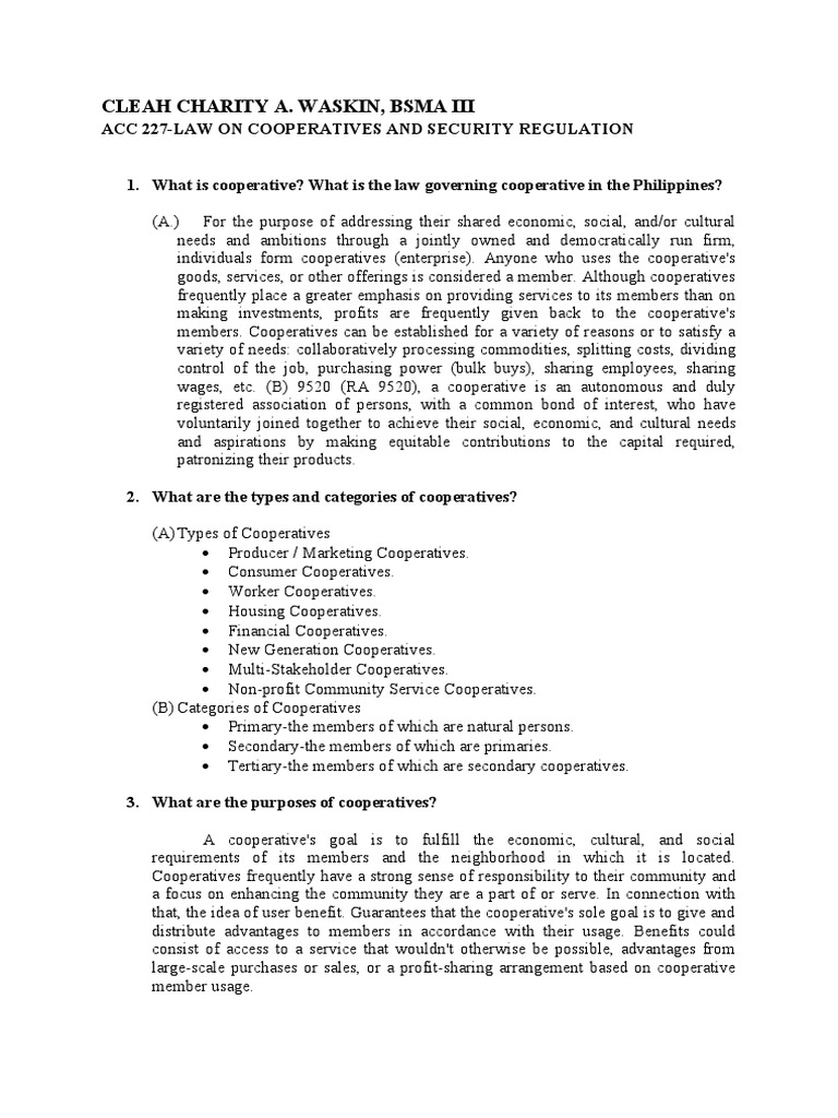 Law On Cooperatives And Security Regulation Pdf Cooperative Economies
