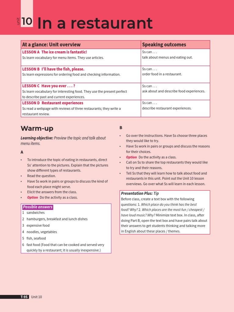 Unit 10: Restaurant Vocabulary and Ordering | PDF | Menu | Restaurants