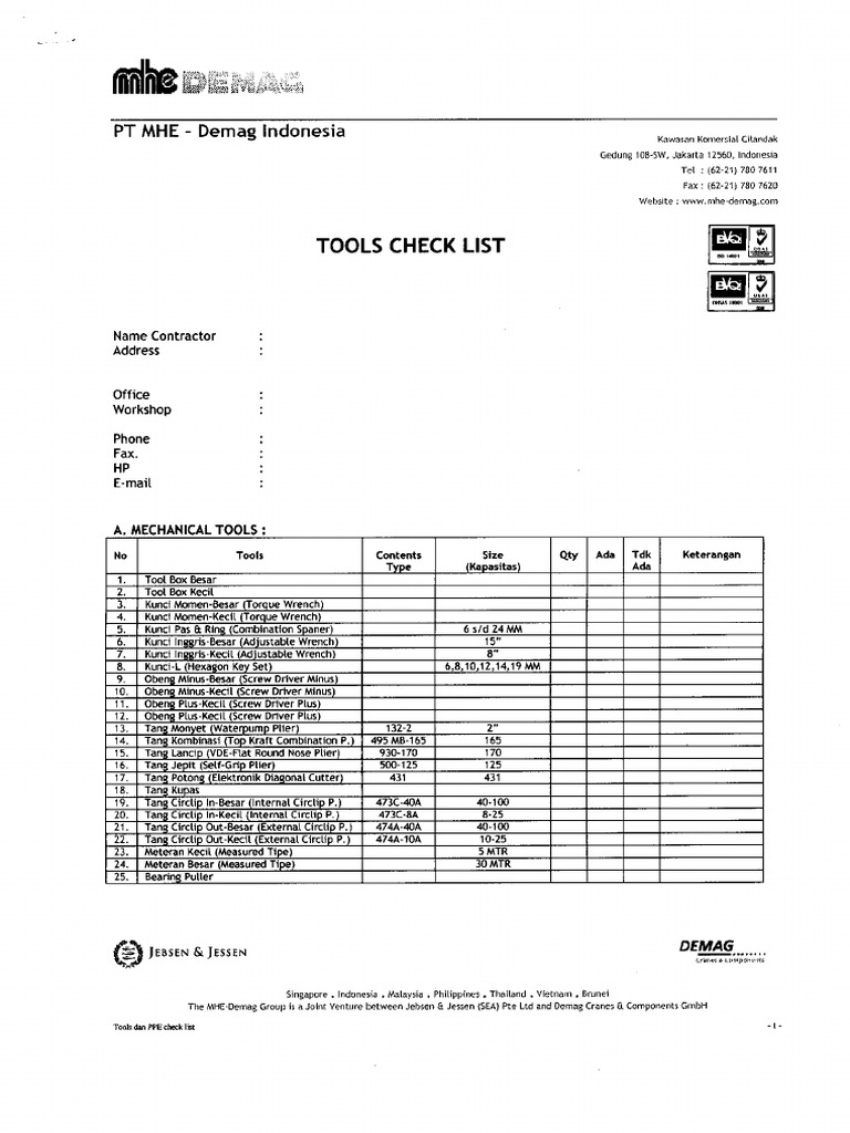 Tools & PPE Checklist | PDF