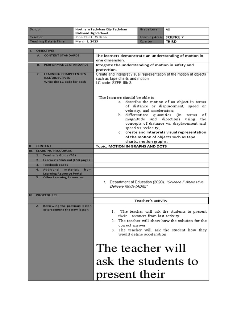 Motion in Graphs Lesson Plan for Grade 7 | PDF | Velocity | Acceleration