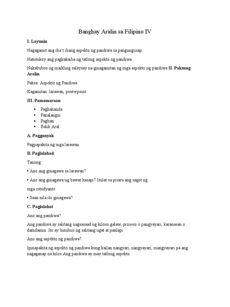 Banghay Aralin Sa Filipino IV Cot | PDF