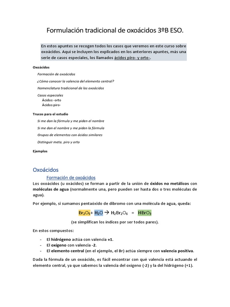 Formulación Tradicional de Oxoácidos 3ºB ESO PDF | PDF | Átomos ...