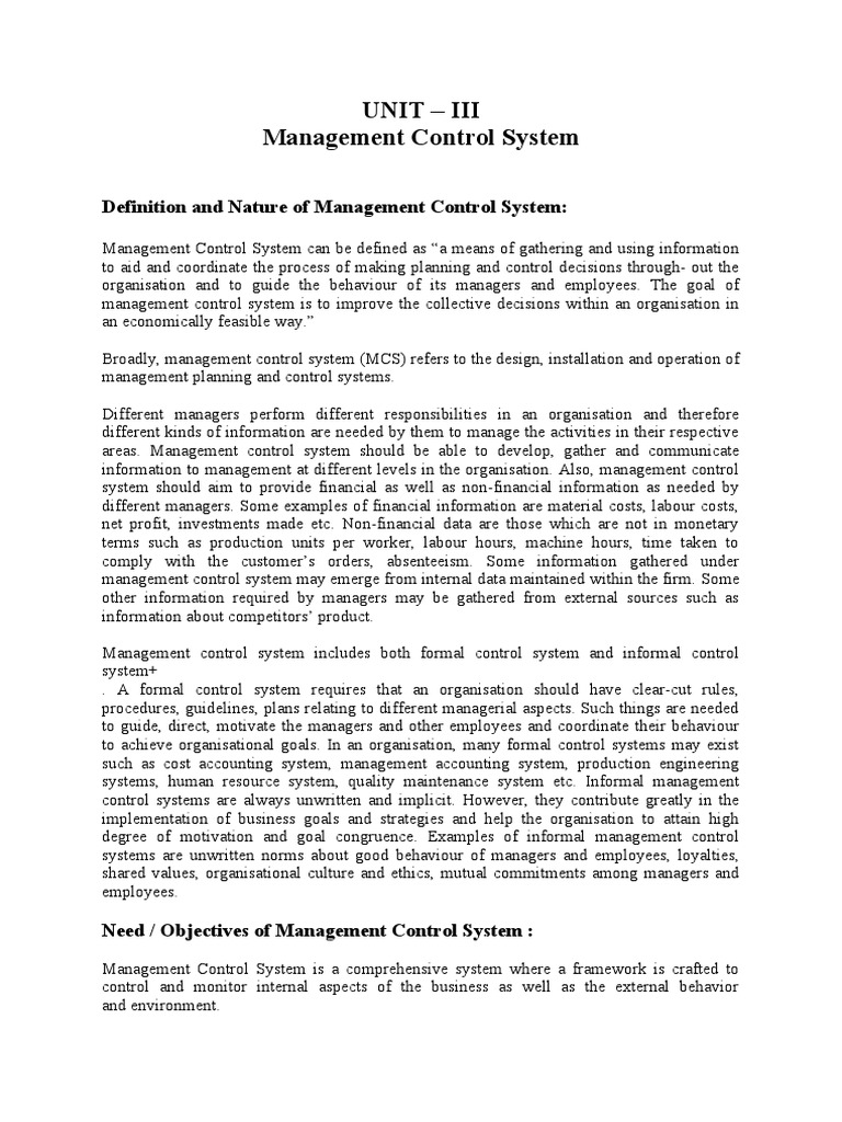 Management Control System | PDF | Goal | Decentralization Management Control System | PDF | Goal | Decentralization