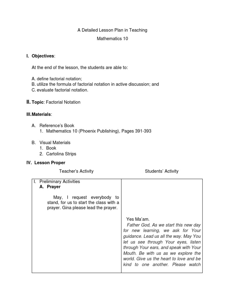 Factorial Notation | PDF | Prayer | Lesson Plan