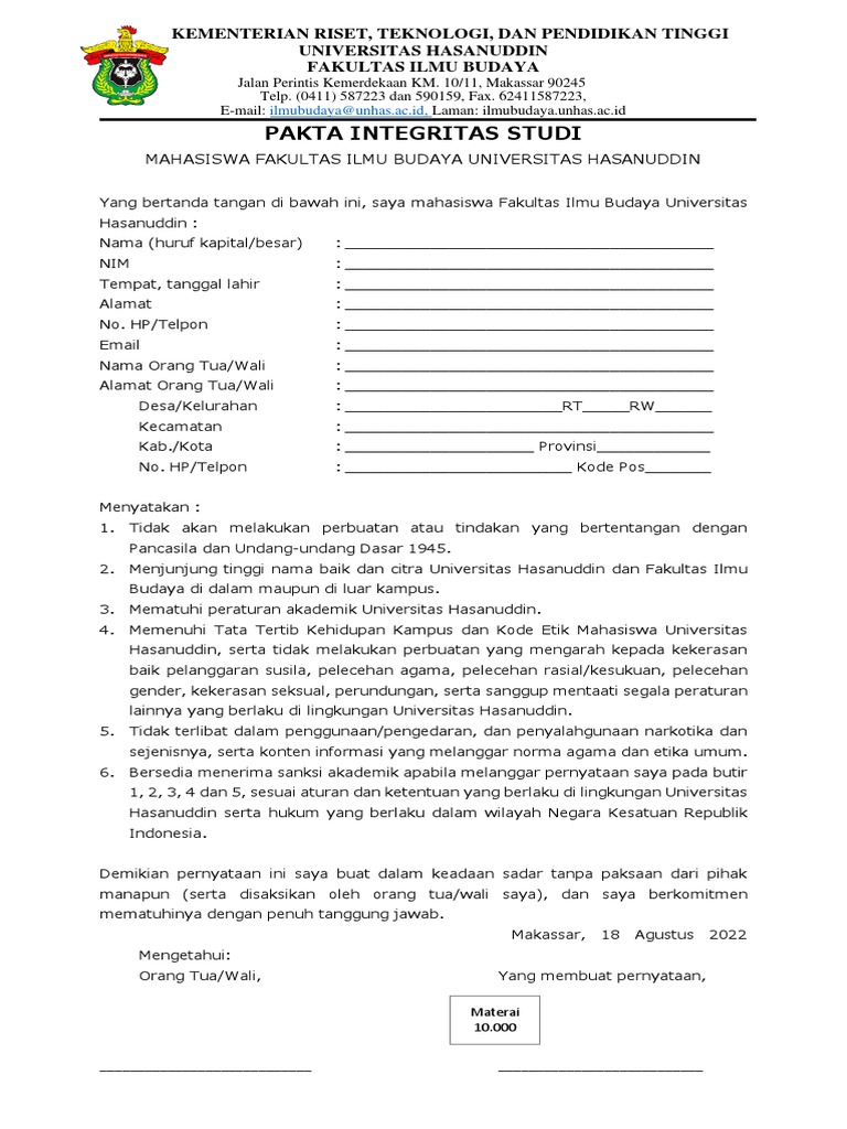 Pakta Integritas Studi 2022 | PDF