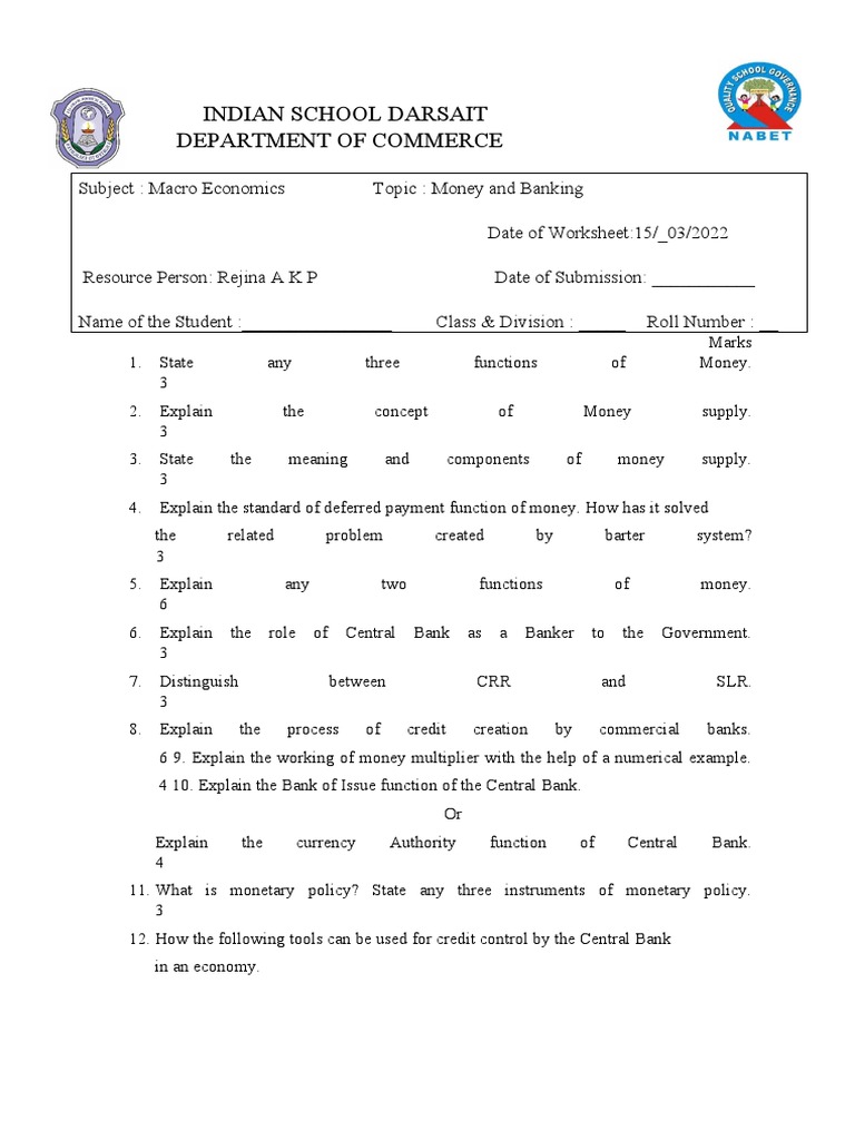 Worksheet - Money & Banking - 1 | Download Free PDF | Money | Central Banks