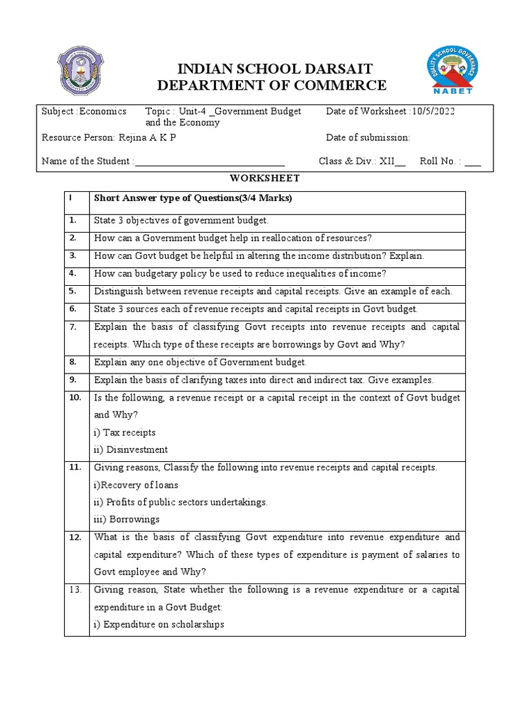 Government Budget Worksheet for Class 12 | PDF | Taxes | Government Budget Balance