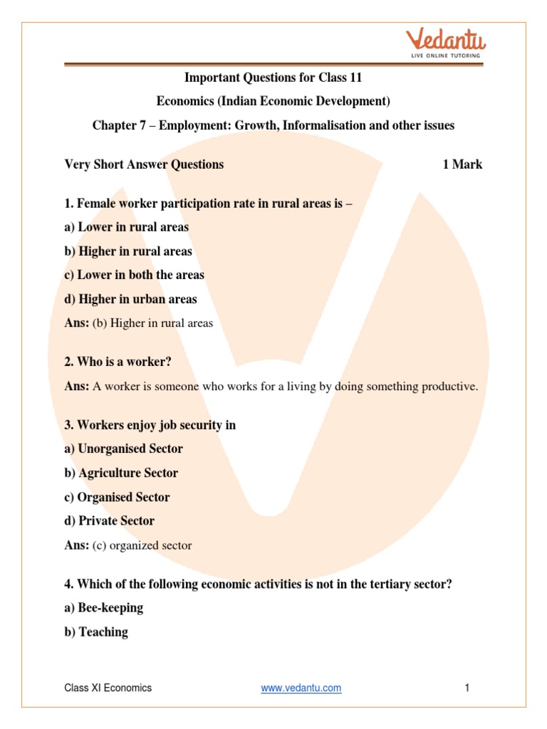 Important Questions For CBSE Class 11 Indian Economic Development PDF ...