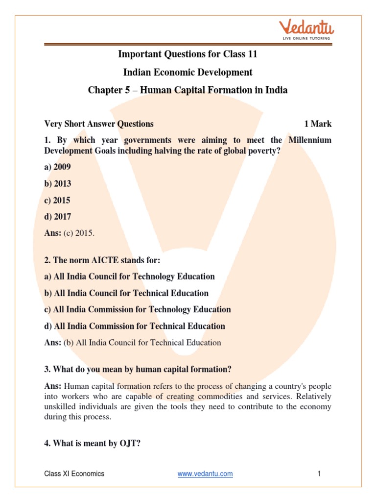 Important Questions For CBSE Class 11 Indian Economic Development PDF | Download Free PDF ...