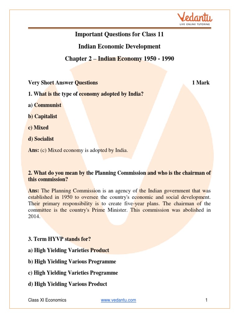 Important Questions For CBSE Class 11 Indian Economic Development PDF ...