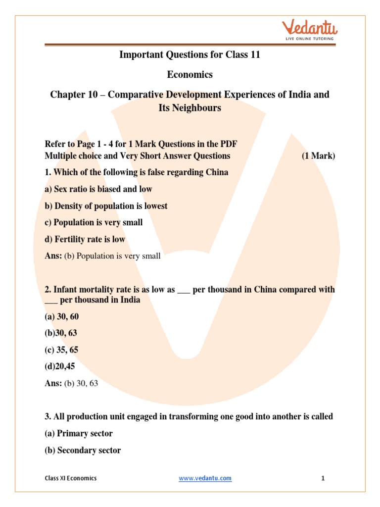 Important Questions For CBSE Class 11 Indian Economic Development PDF ...
