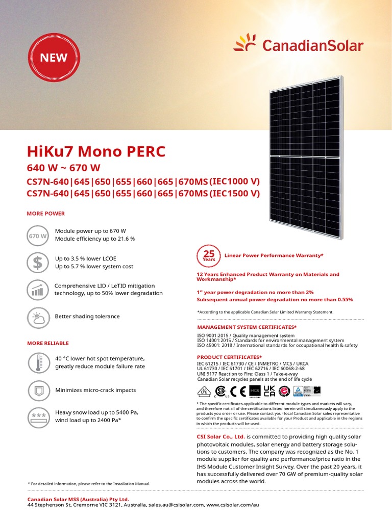 CS-Datasheet-HiKu7 CS7N-MS v2.4 AU PDF | PDF | Solar Energy | Solar Panel