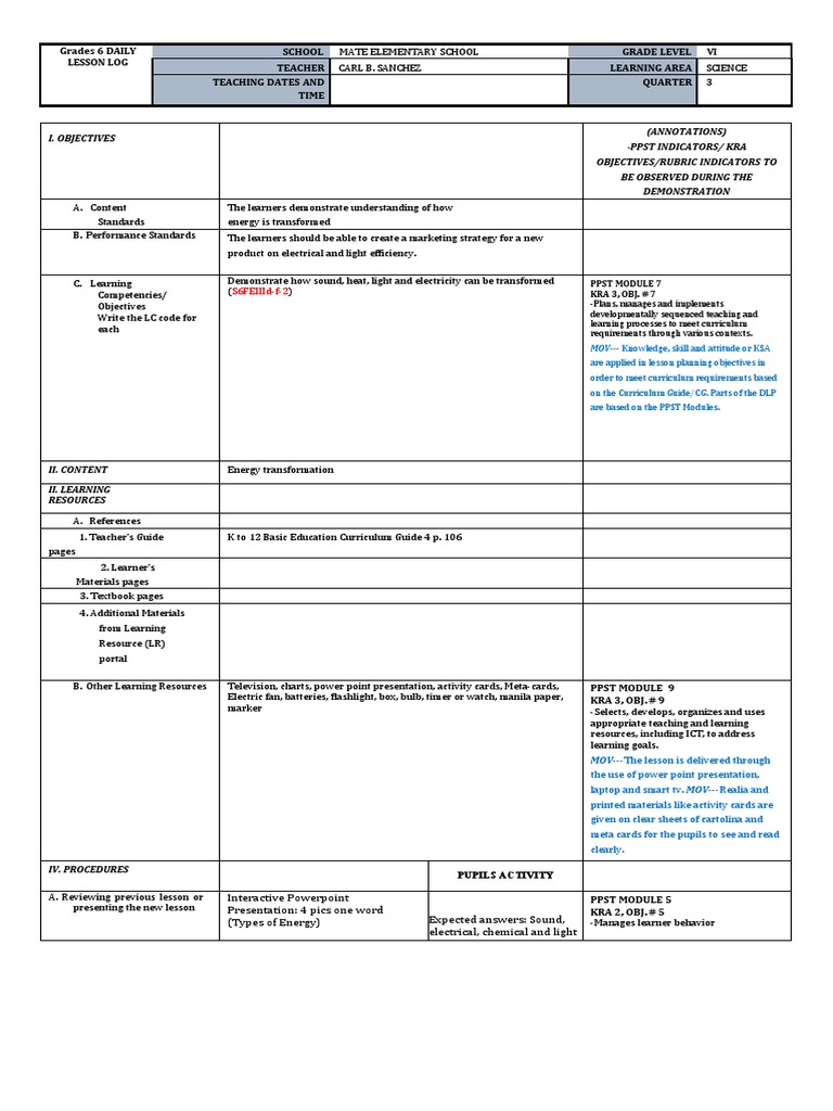 Energy Transformation Lesson Plan | PDF | Learning | Curriculum