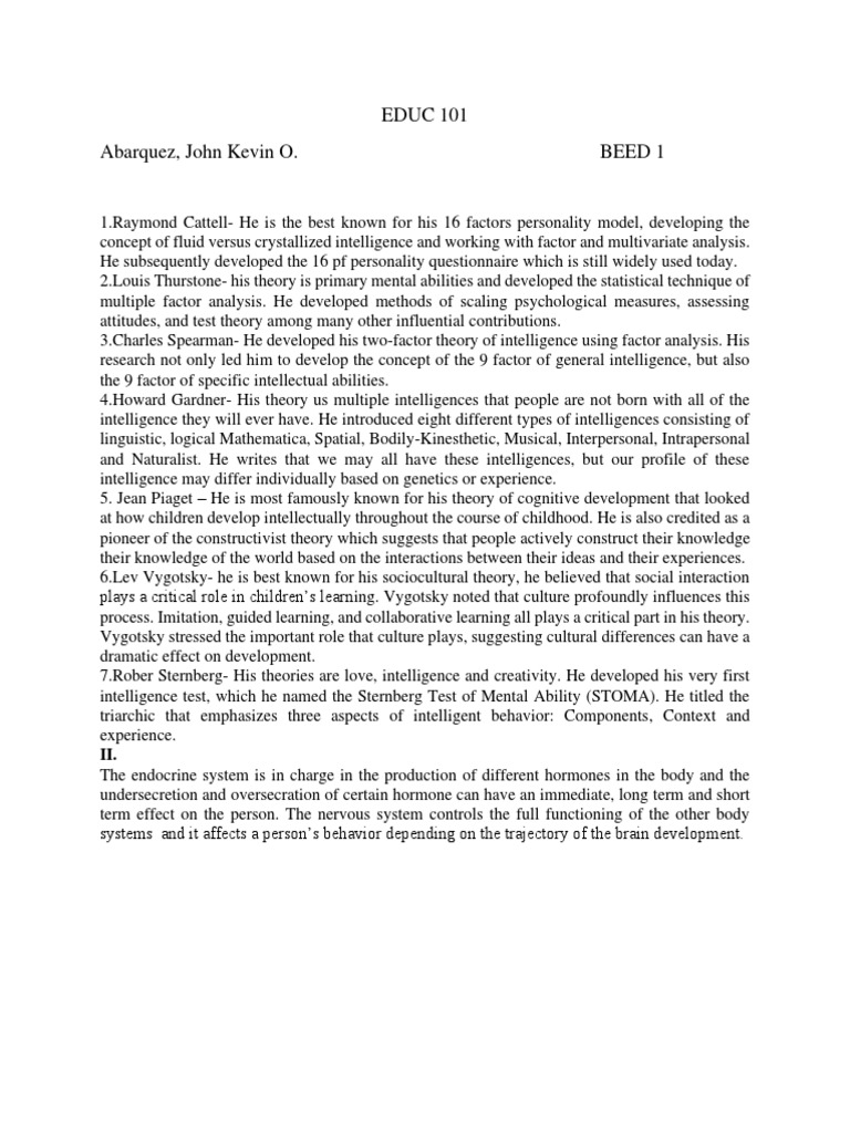 Major Theories of Intelligence and Development and Their Proponents ...