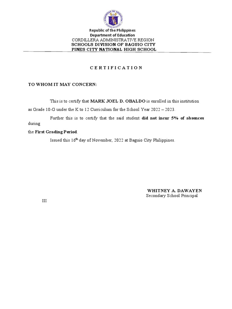 Certification To Whom It May Concern | PDF