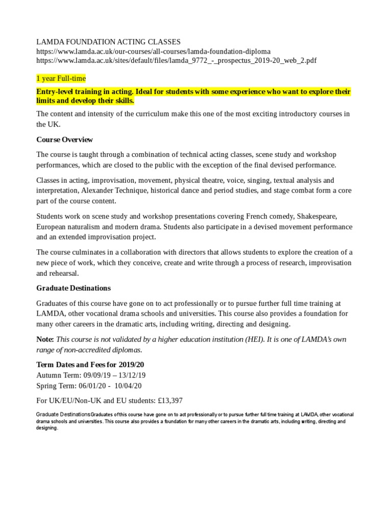 Lamda Foundation Acting Classes | PDF
