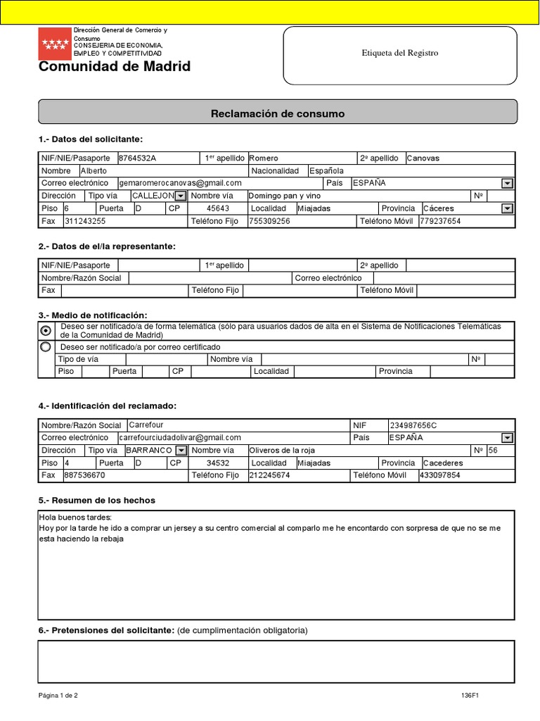 Comunidad de Madrid: Reclamación de Consumo | PDF | Privacidad de la información | Justicia