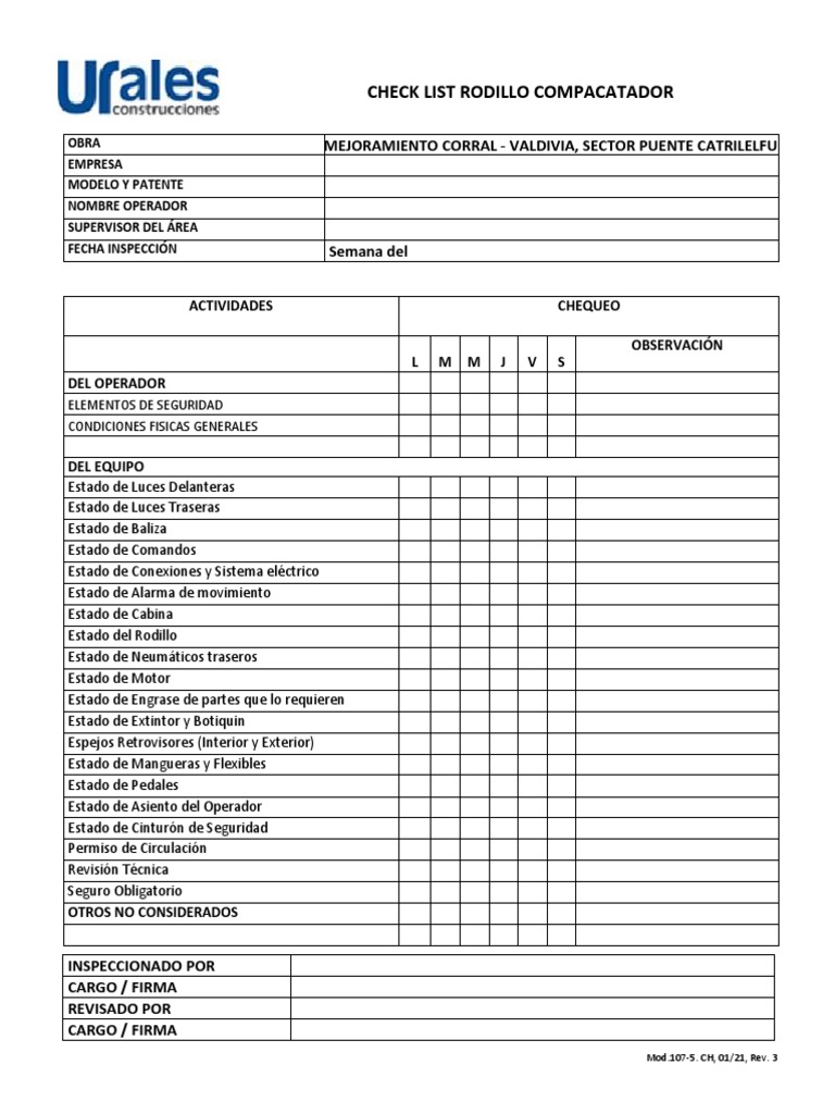 Check List Rodillo Compactador | PDF