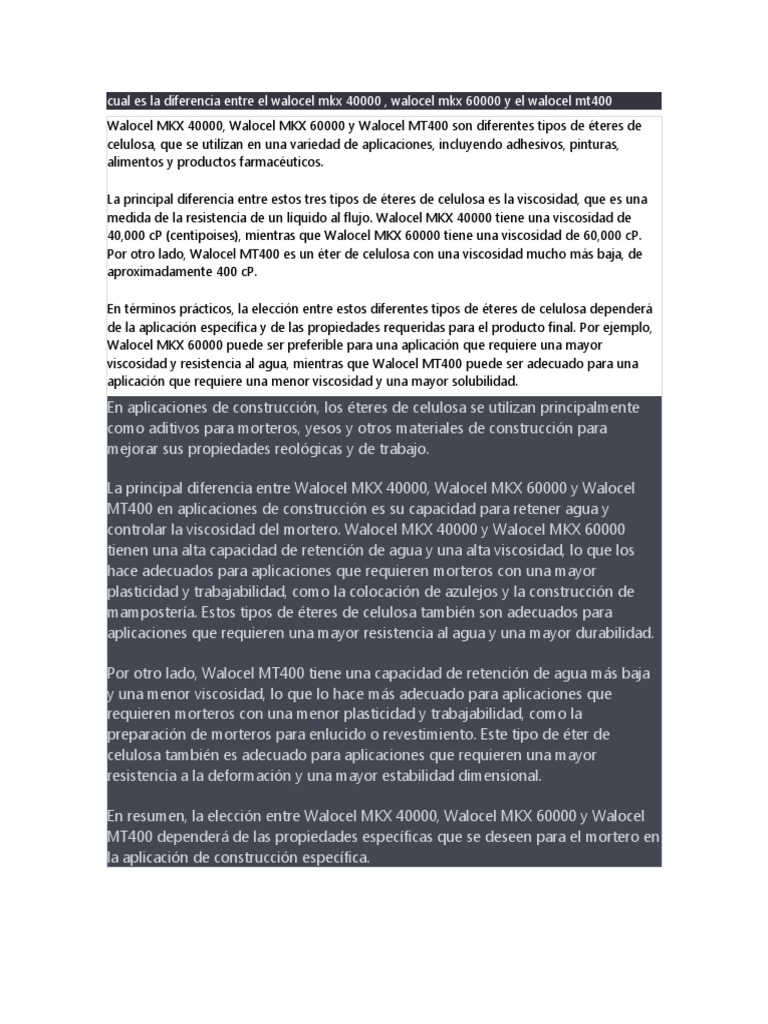 Diferencias entre Walocel MKX y MT400 | PDF | Viscosidad | Mortero ...