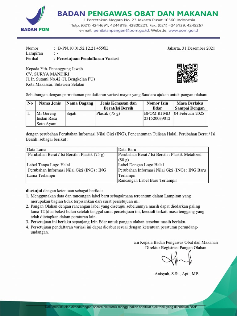 Contoh Nomor Izin Edar Badan POM RI | PDF