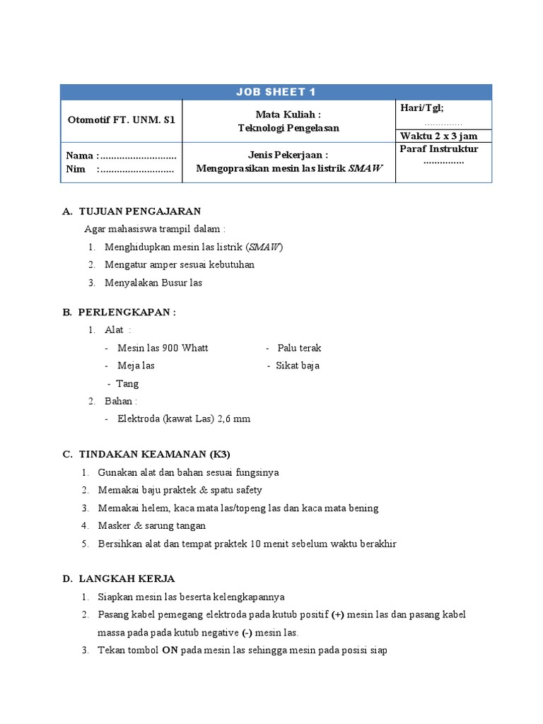 Job Sheet Las Listrik Smaw | PDF