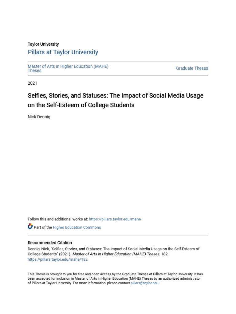 Selfies Stories and Statuses - The Impact of Social Media Usage PDF | PDF | Self Esteem | Social ...