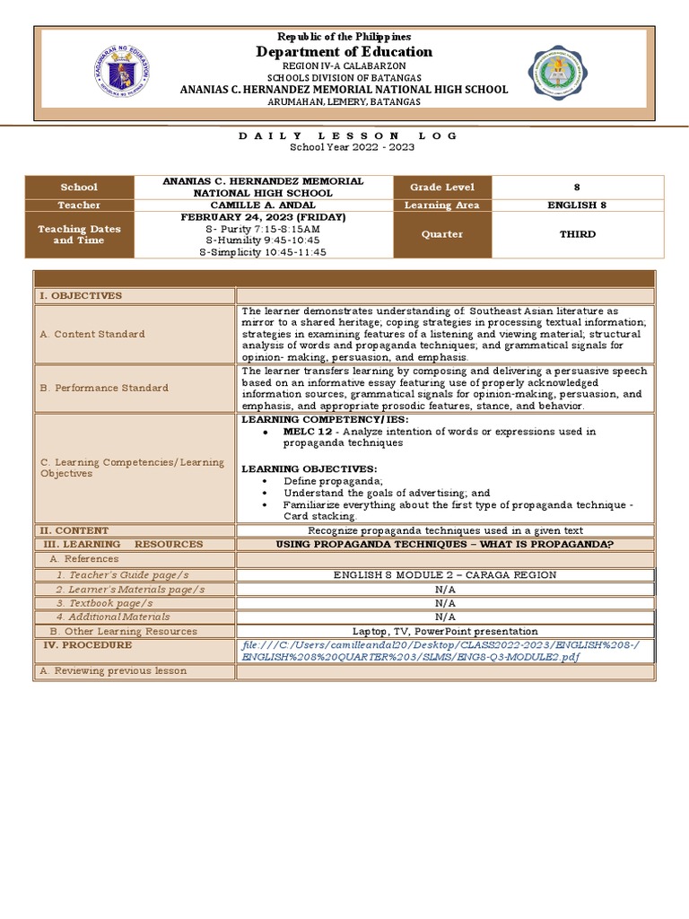 Eng8-Dll-Q3-Day 5 - W2 | PDF | Propaganda | Learning