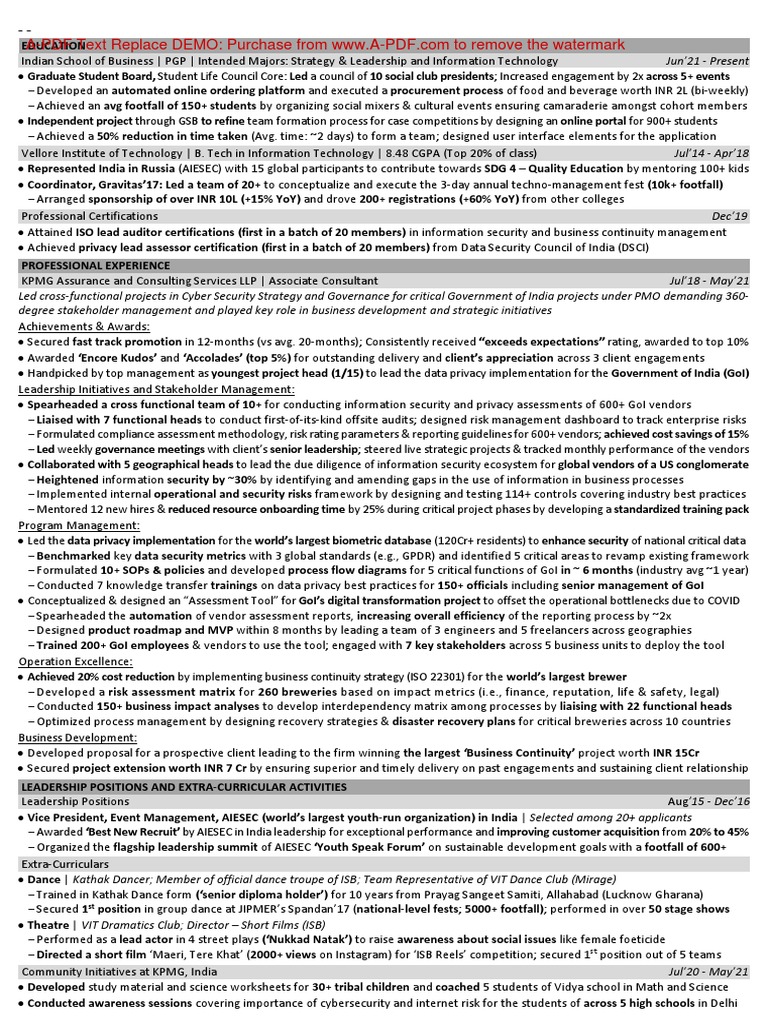 ISB Student's Resume: Leadership, Consulting & Community Work | PDF ...