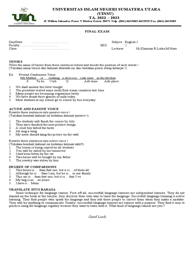 SOAL UAS MATA KULIAH BASIC ENGLISH 2018 (Khairina Ramadhani Lubis) | PDF | Languages | Foreign ...