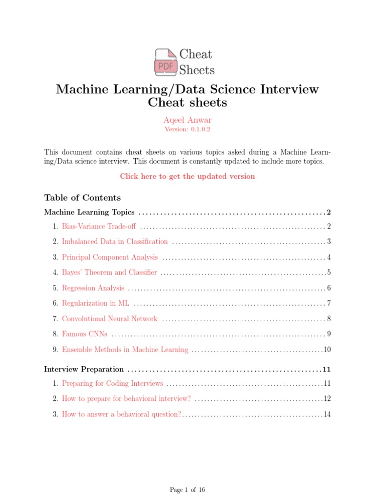 Cheat Sheet - Machine Learning - Data Science Interview PDF | PDF | Principal Component Analysis ...