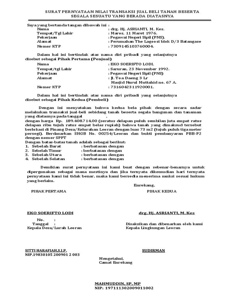 Surat Pernyataan Nilai Transaksi Jual Beli | PDF