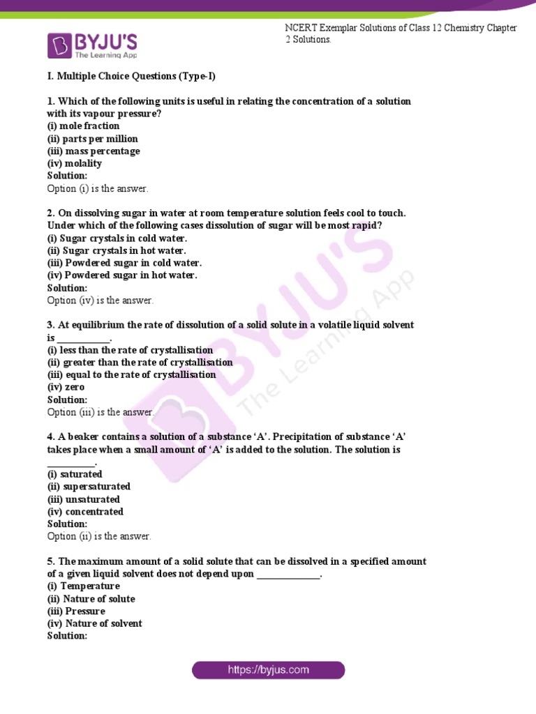 Ncert Exemplar Solutions For Class 12 Chemistry Chapter 2 Solutions PDF | PDF | Solubility | Osmosis