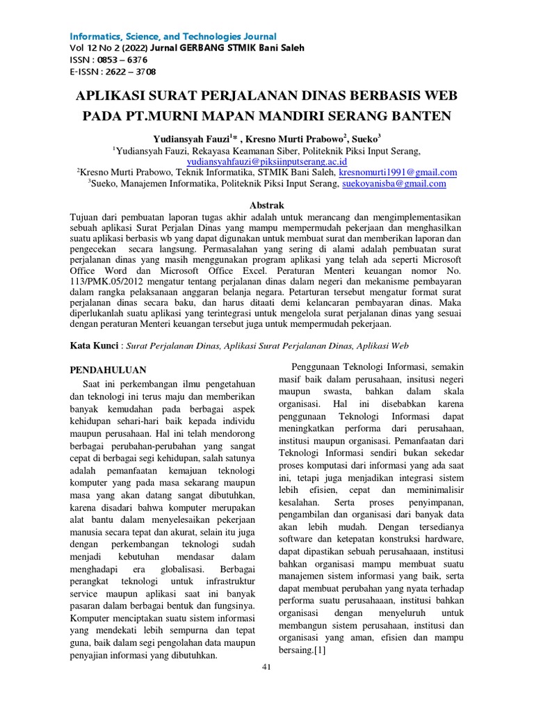 41 - 47 Yudiansyah Fauzi APLIKASI SURAT PERJALANAN DINAS BERBASIS WEB | PDF