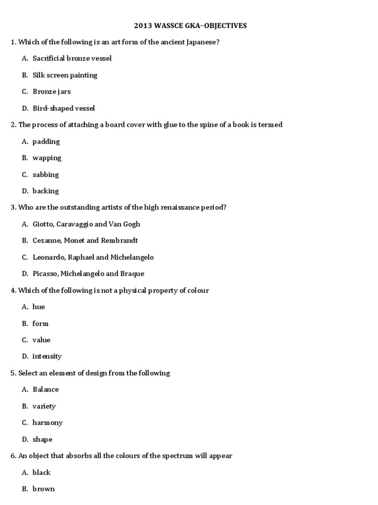 2013 Wassce Gka-Objectives | PDF | Sculpture | Paintings