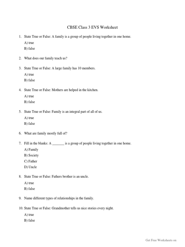 CBSE Class 3 EVS Worksheet PDF | PDF | Family | Kinship And Descent