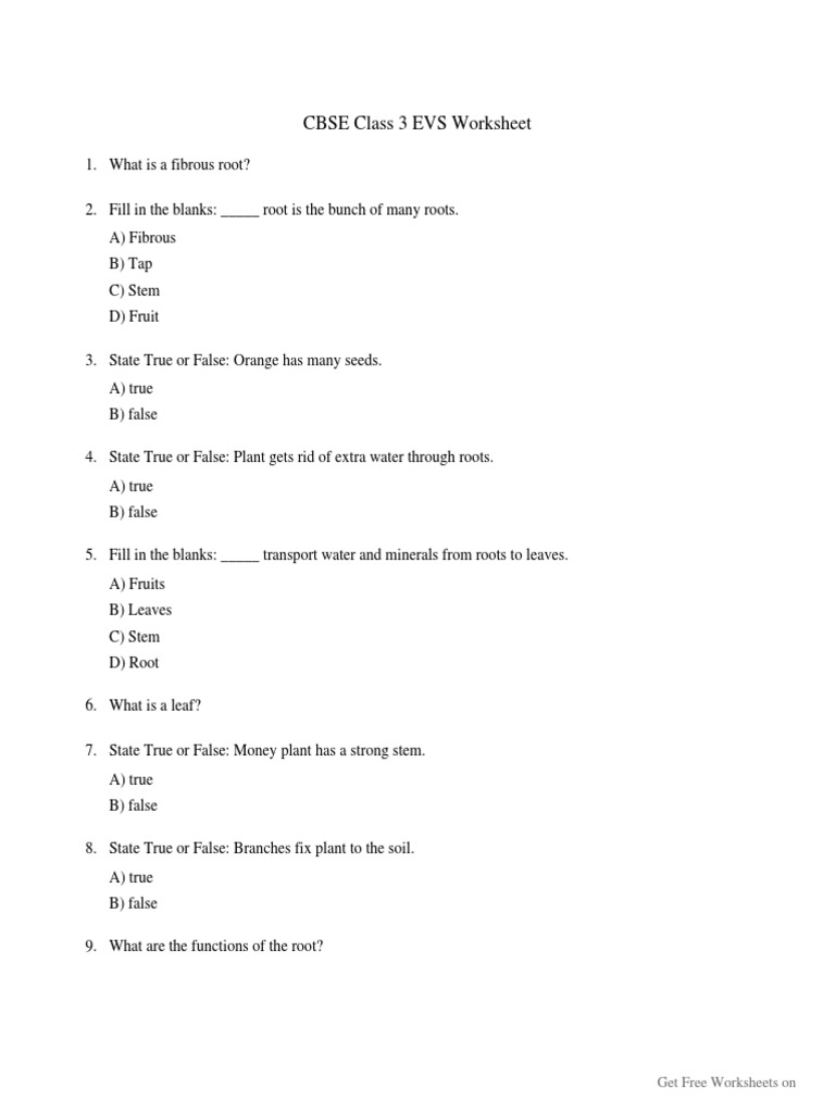 CBSE Class 3 EVS Worksheet - 3 PDF | PDF | Leaf | Plants