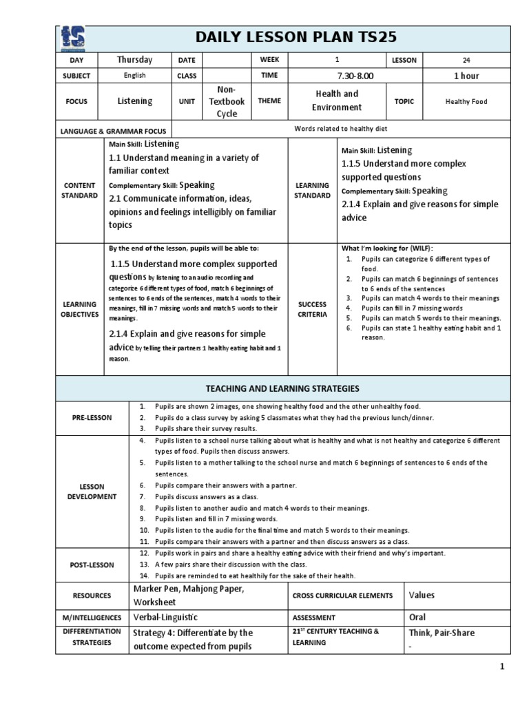 Form 1 Lesson 24 Listening | PDF | Lesson Plan | Communication