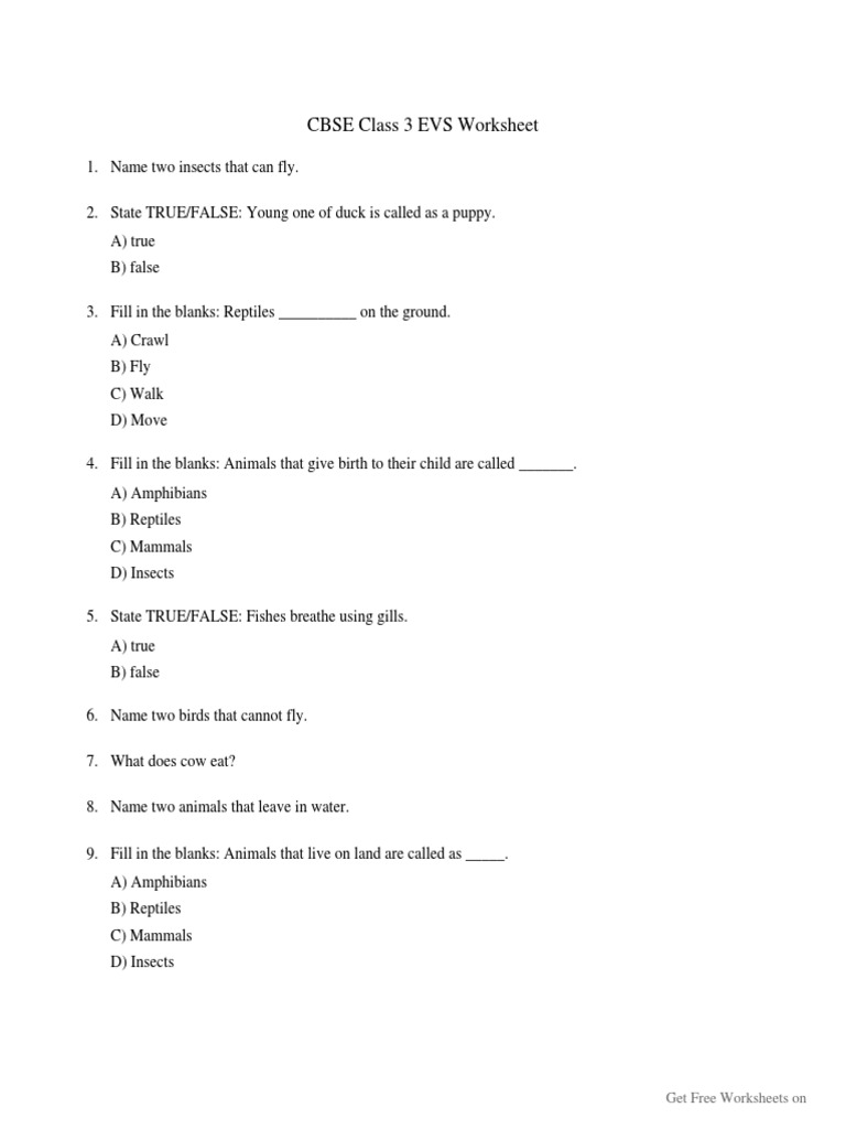 CBSE Class 3 EVS Worksheet - 4 PDF | PDF | Reptile | Amphibian