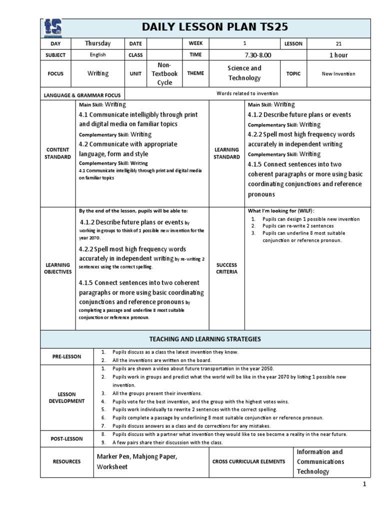 Form 1 Lesson 21 Writing | PDF | Communication | Lesson Plan
